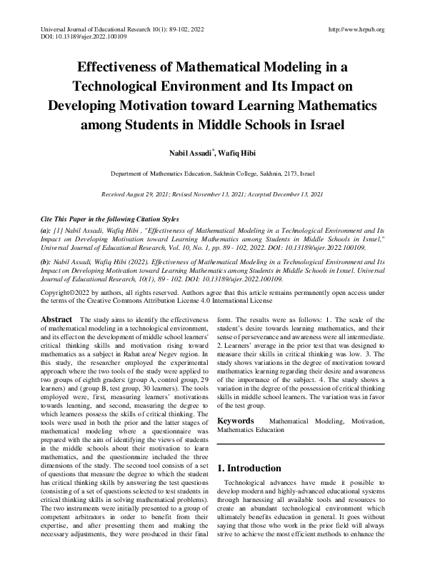 (PDF) Effectiveness of Mathematical Modeling in a Technological Environment and Its Impact on ...