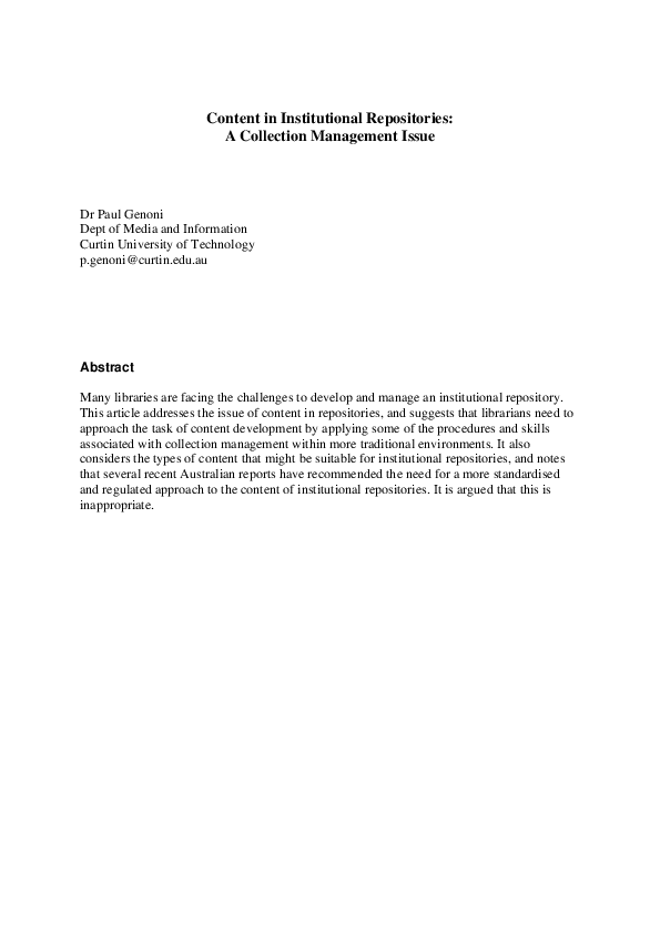 (PDF) Content in institutional repositories: a collection management issue