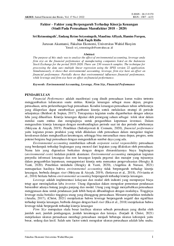 (PDF) Faktor – Faktor yang Berpengaruh Terhadap Kinerja Keuangan (Studi Pada Perusahaan ...