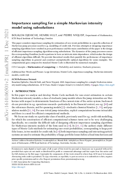 (PDF) Importance Sampling for a Simple Markovian Intensity Model Using Subsolutions