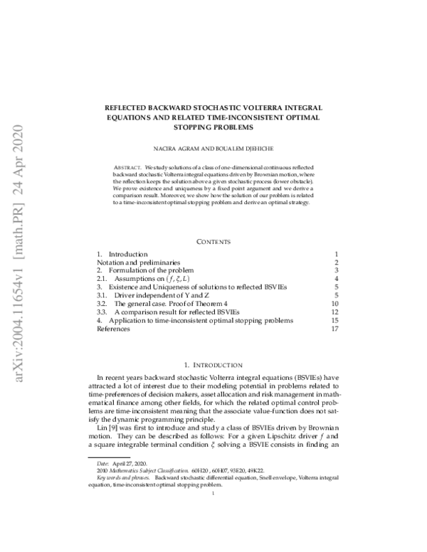 (PDF) Reflected Backward Stochastic Volterra Integral Equations and related time-inconsistent ...