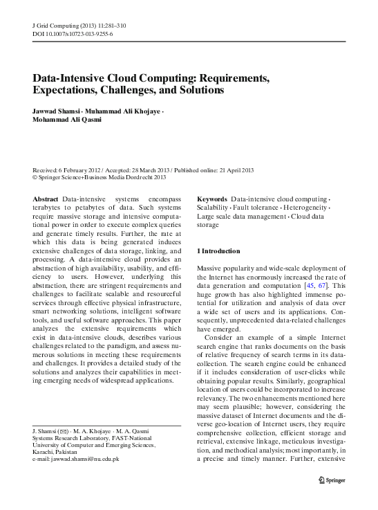 (PDF) Data-Intensive Cloud Computing: Requirements, Expectations, Challenges, and Solutions