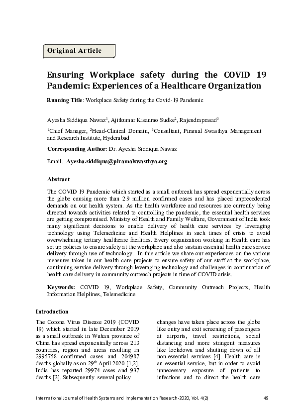 (PDF) Ensuring Workplace safety during the COVID 19 Pandemic ...