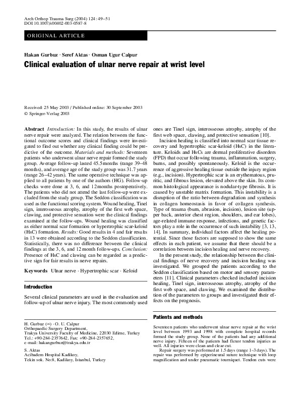 (PDF) Clinical evaluation of ulnar nerve repair at wrist level
