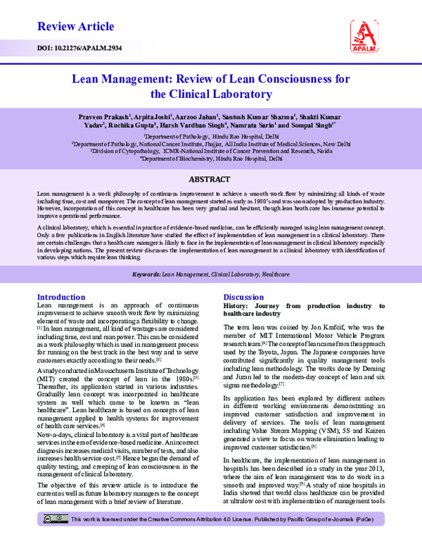(PDF) Lean Management: Review of Lean Consciousness for the Clinical Laboratory