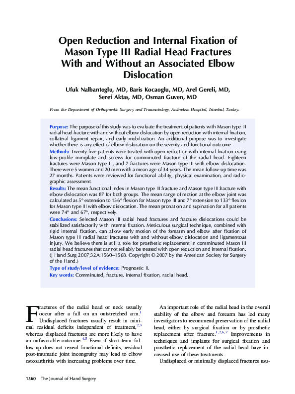 (PDF) Open Reduction and Internal Fixation of Mason Type III Radial ...