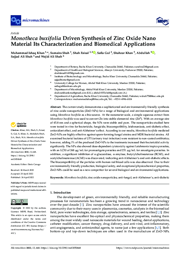 (PDF) Monotheca buxifolia Driven Synthesis of Zinc Oxide Nano Material Its Characterization and ...