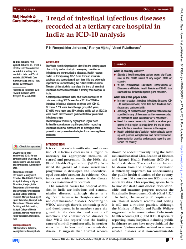 (PDF) Trend of intestinal infectious diseases recorded at a tertiary ...