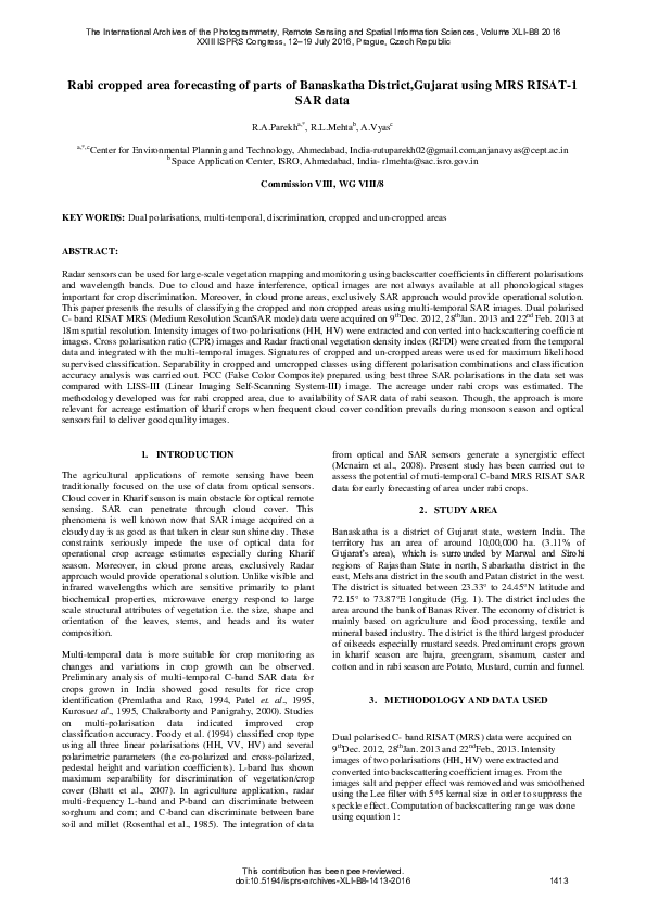 Pdf Rabi Cropped Area Forecasting Of Parts Of Banaskatha District Gujarat Using Mrs Risat 1