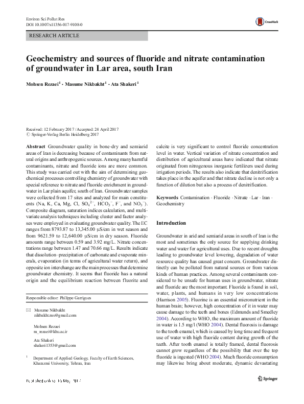 Pdf Geochemistry And Sources Of Fluoride And Nitrate Contamination Of Groundwater In Lar Area