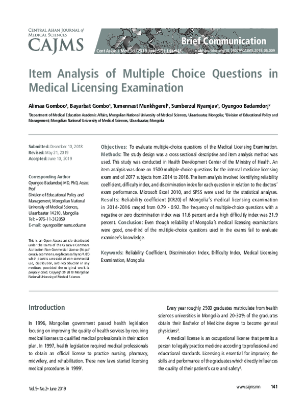 (PDF) Item Analysis of Multiple Choice Questions in Medical Licensing ...