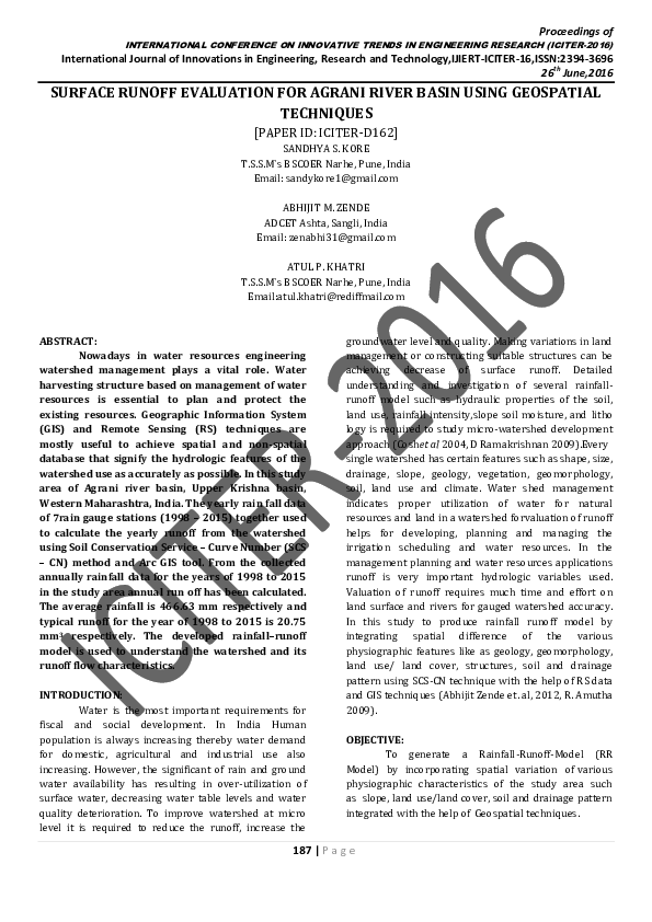 (PDF) Surface Runoff Evaluation For Agrani River Basin Using Geospatial Techniques