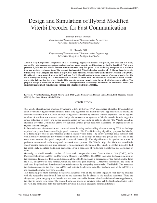 (PDF) Design and Simulation of Hybrid Modified Viterbi Decoder for Fast Communication