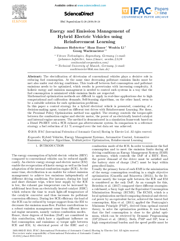 Pdf Energy And Emission Management Of Hybrid Electric Vehicles Using Reinforcement Learning