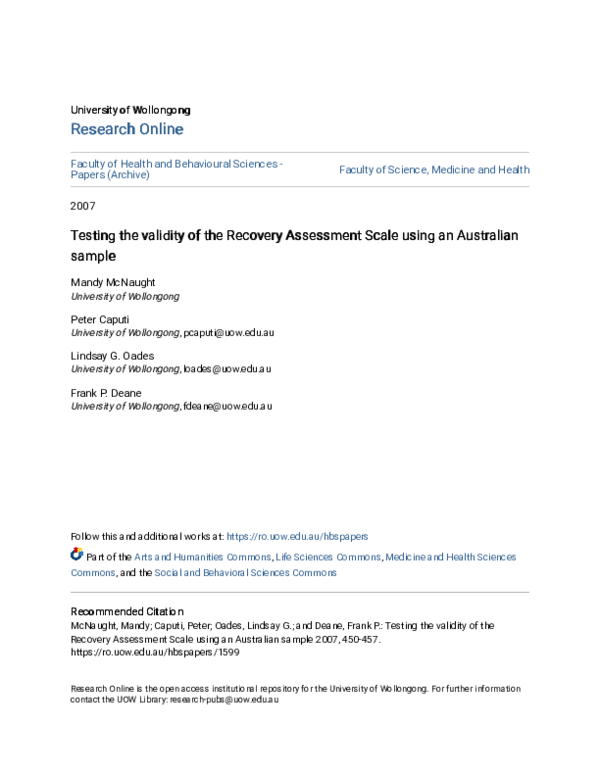 (PDF) Testing the Validity of the Recovery Assessment Scale Using an ...