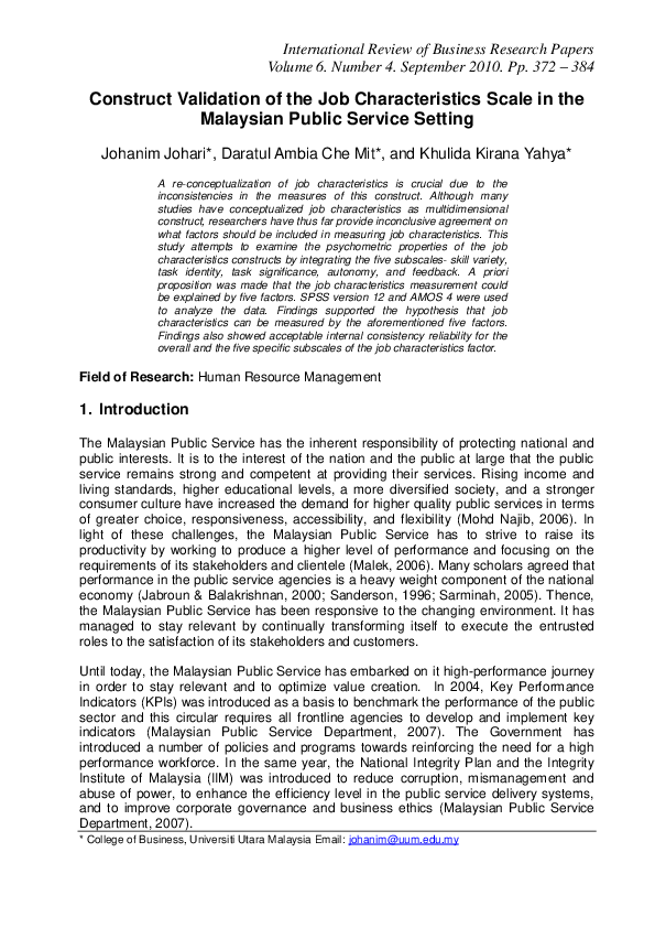 (PDF) Construct validation of the job characteristics scale in the Malaysian public service setting