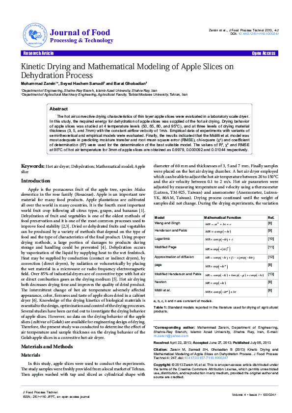 (PDF) Kinetic Drying and Mathematical Modeling of Apple Slices on Dehydration Process