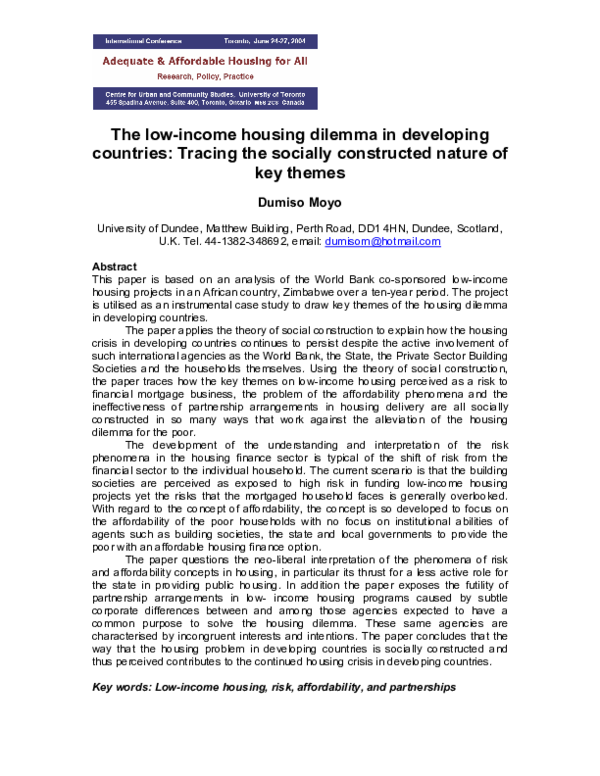 (PDF) The low-income housing dilemma in developing countries:Tracing ...