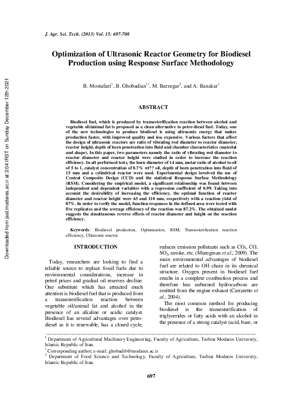 (PDF) Optimization of Ultrasonic Reactor Geometry for Biodiesel Production using Response ...