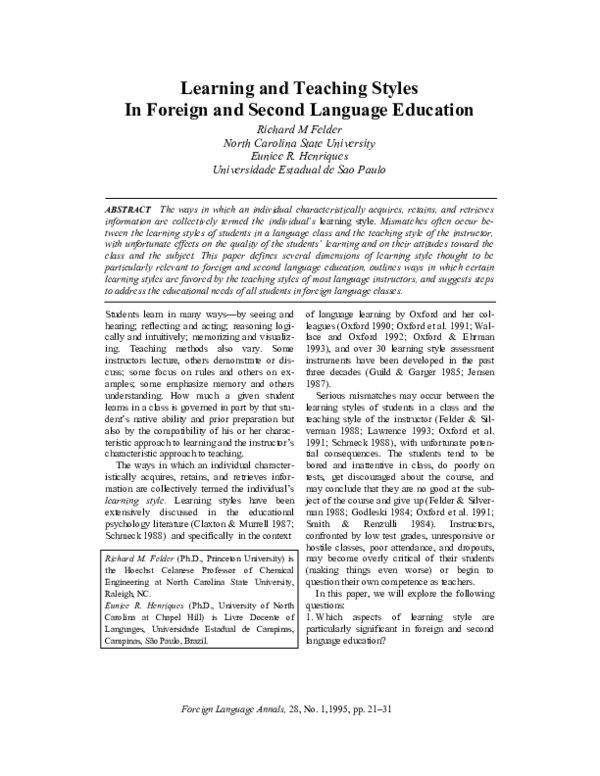 (PDF) Learning and Teaching Styles In Foreign and Second Language Education