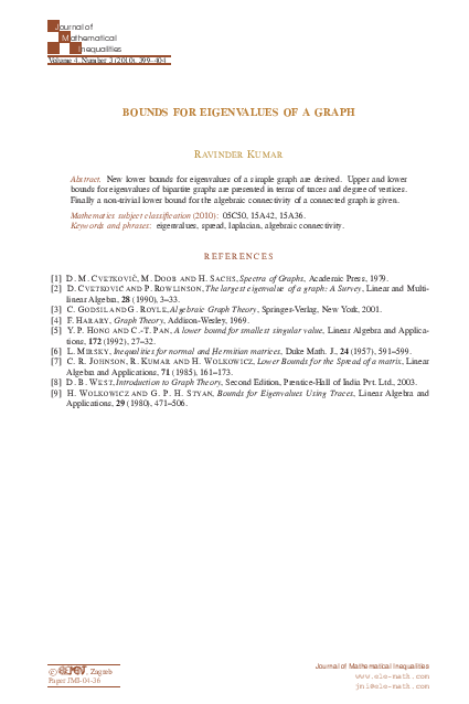 Pdf Bounds For Eigenvalues Of A Graph Ravinder Kumar
