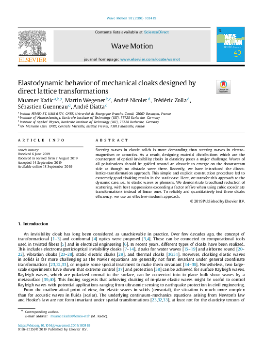 (PDF) Elastodynamic behavior of mechanical cloaks designed by direct ...