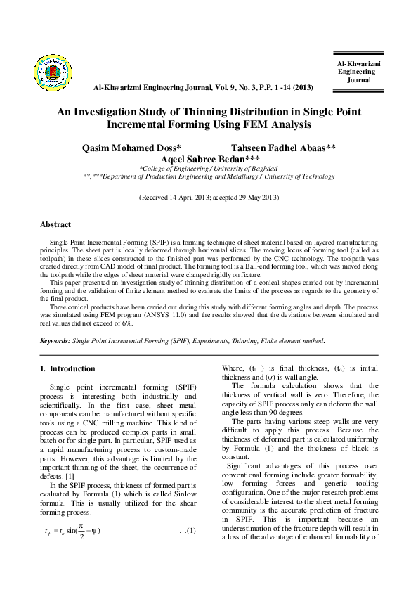 (PDF) An Investigation Study of Thinning Distribution in Single Point Incremental Forming Using ...