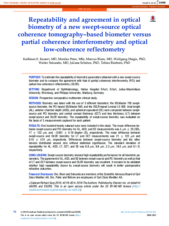 Pdf Repeatability And Agreement In Optical Biometry Of A New Swept Source Optical Coherence