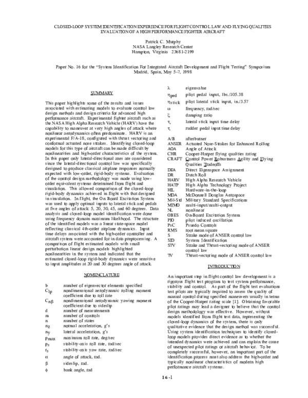 (PDF) Closed-Loop System Identification Experience for Flight Control Law and Flying Qualities ...