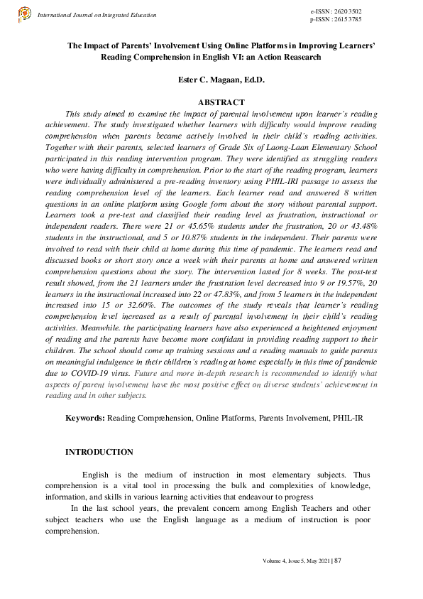 (PDF) The Impact of Parents’ Involvement Using Online Platforms in Improving Learners’ Reading ...