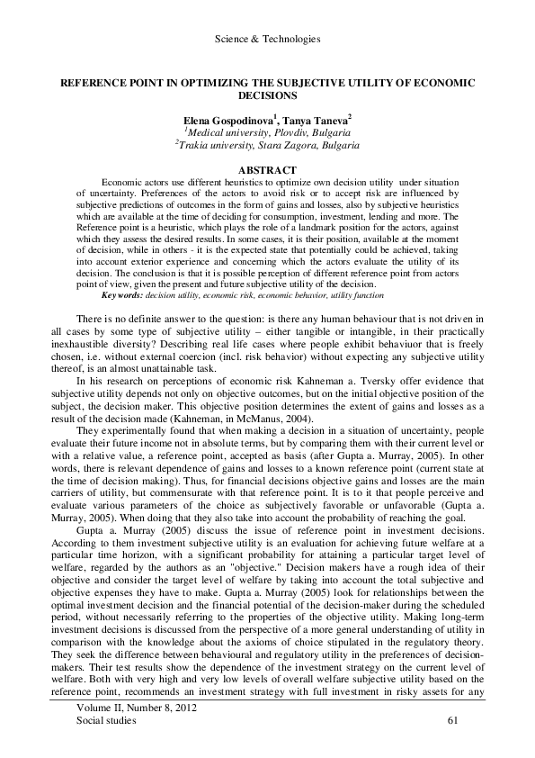 (PDF) Reference Point in Optimizing the Subjective Utility of Economic ...