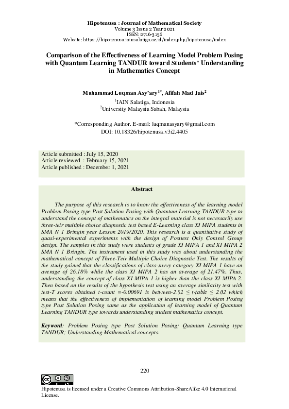 (PDF) Comparison of the Effectiveness of Learning Model Problem Posing with Quantum Learning ...
