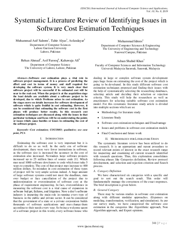 Pdf Systematic Literature Review Of Identifying Issues In Software Cost Estimation Techniques
