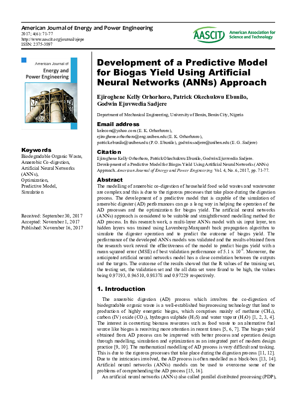 Pdf Development Of A Predictive Model For Biogas Yield Using Artificial Neural Networks Anns