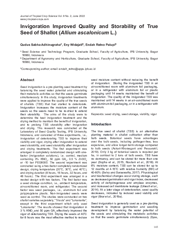 (PDF) Invigoration Increased Quality and Storability of True Seed of ...