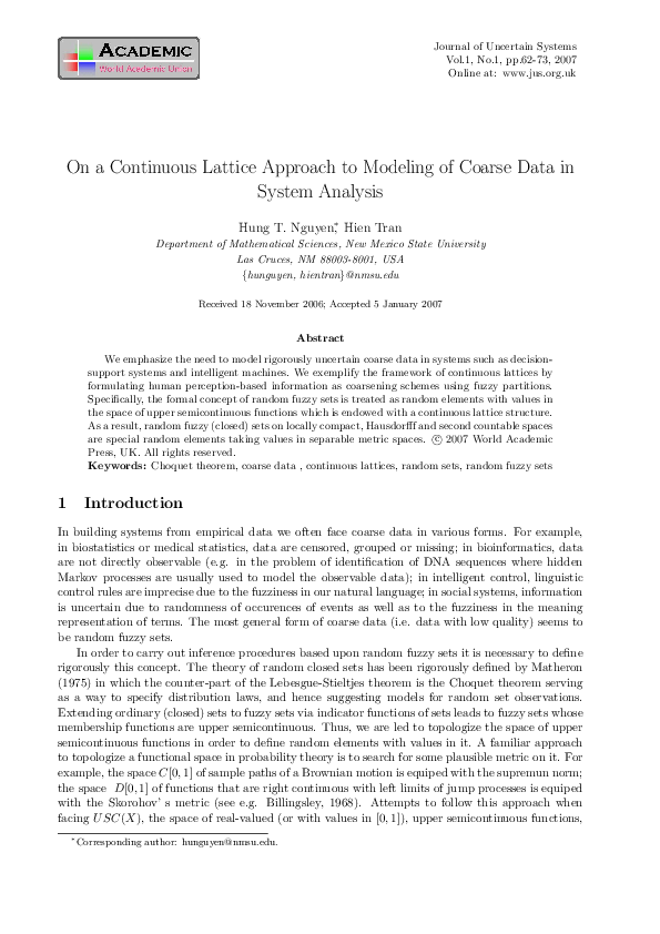 (PDF) On a continuous lattice approach to modeling of coarse data in system analysis