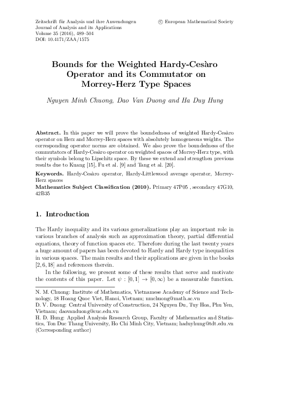 (PDF) Bounds for the Weighted Hardy-Cesàro Operator and its Commutator on Morrey-Herz Type Spaces