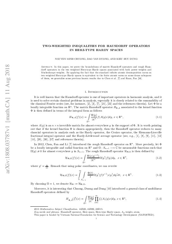 Pdf Two Weighted Inequalities For Hausdorff Operators In Herz Type