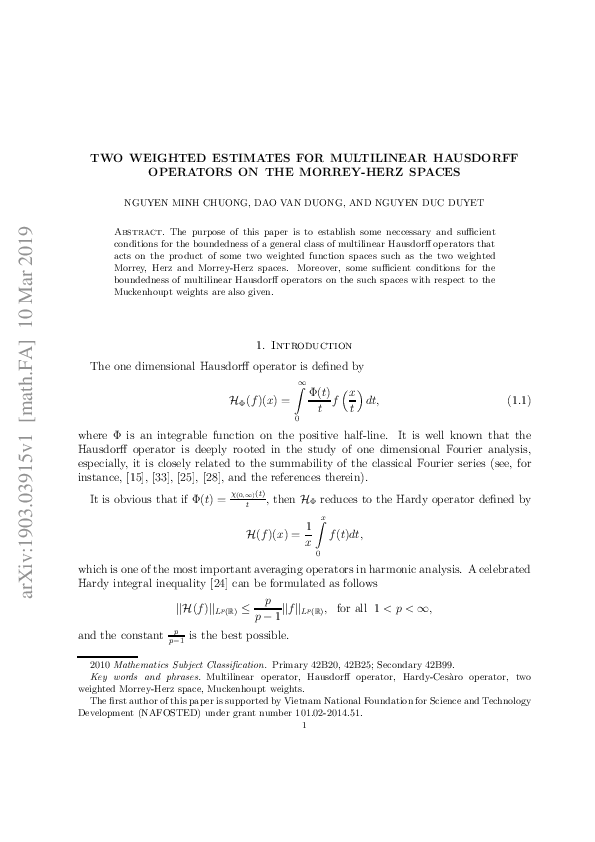 Pdf Two Weighted Estimates For Multilinear Hausdorff Operators On The Morrey Herz Spaces