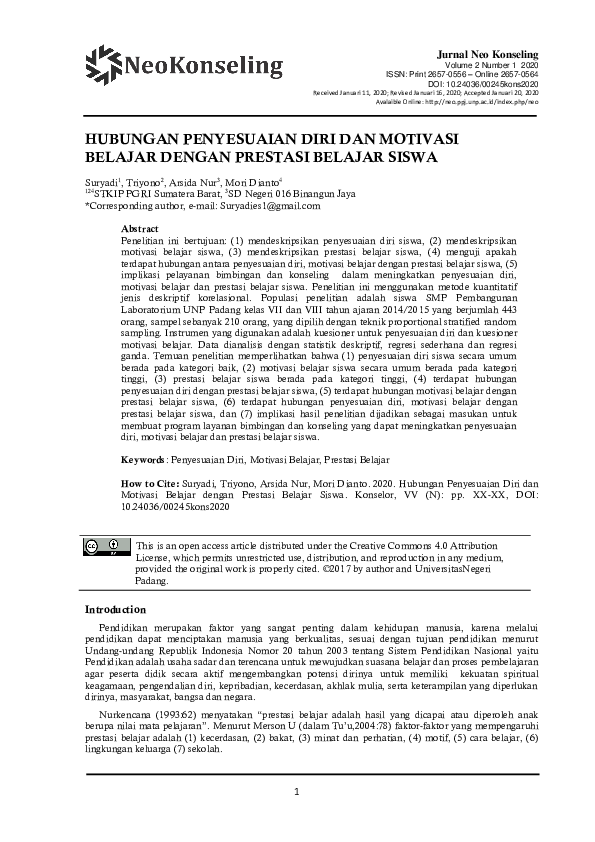 (PDF) Hubungan Penyesuaian Diri Dan Motivasi Belajar Dengan Prestasi Belajar Siswa