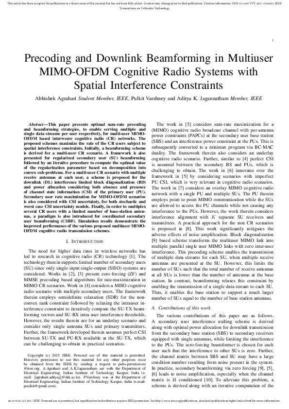 (PDF) Precoding and Downlink Beamforming in Multiuser MIMO-OFDM Cognitive Radio Systems With ...