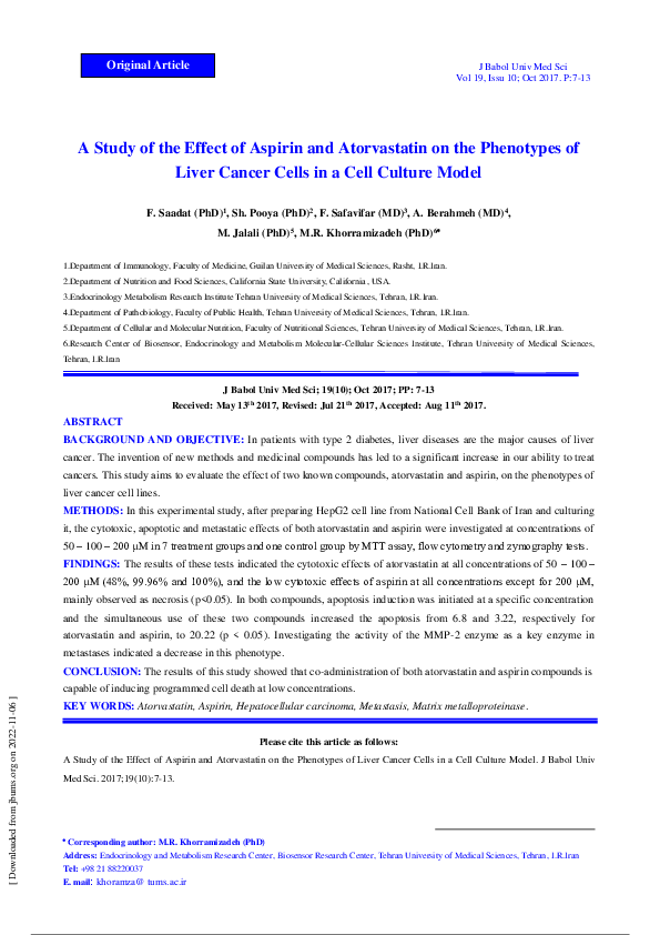 (PDF) A Study of the Effect of Aspirin and Atorvastatin on the ...