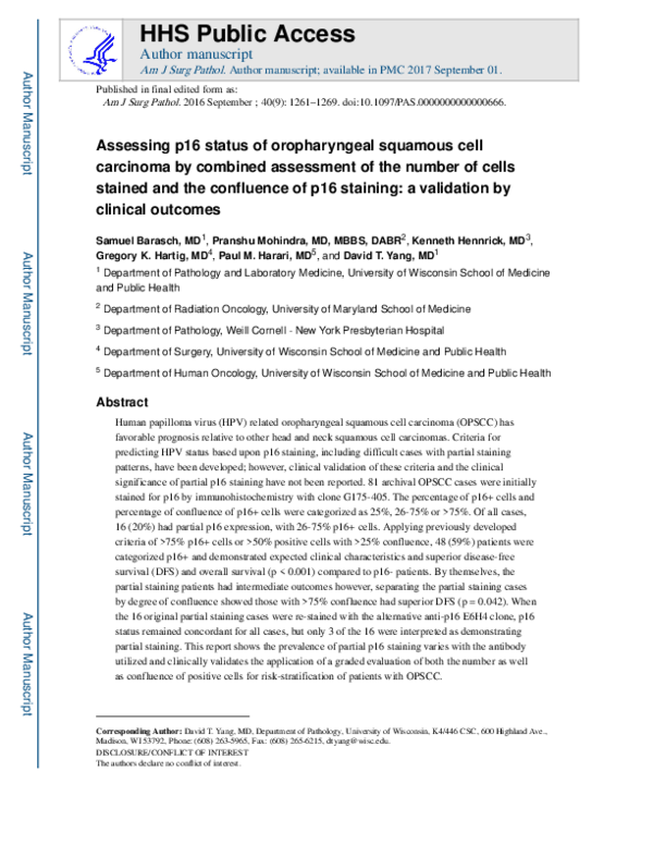 (PDF) Assessing p16 Status of Oropharyngeal Squamous Cell Carcinoma by Combined Assessment of ...