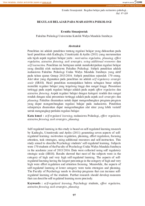 (PDF) Regulasi Belajar pada Mahasiswa Psikologi