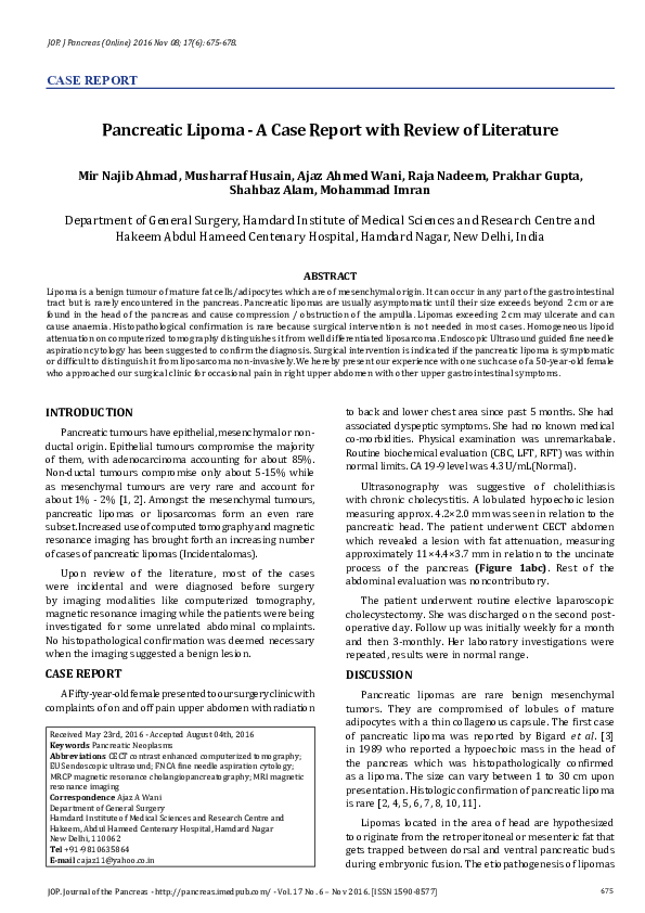 (PDF) Pancreatic Lipoma - A Case Report with Review of Literature