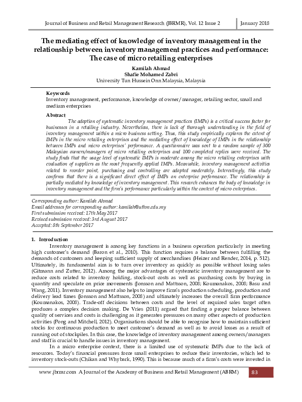 (PDF) The mediating effect of knowledge of inventory management in the relationship between ...