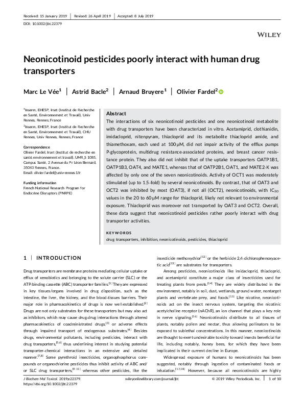 (PDF) Neonicotinoid pesticides poorly interact with human drug transporters