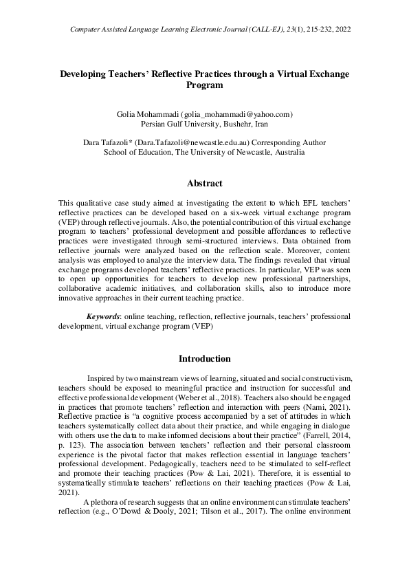 (PDF) Developing Teachers' Reflective Practices through a Virtual Exchange Program