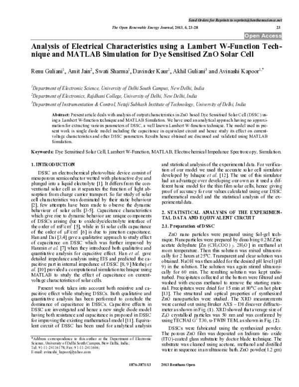 (PDF) Analysis of Electrical Characteristics using a Lambert W-Function Technique and MATLAB ...