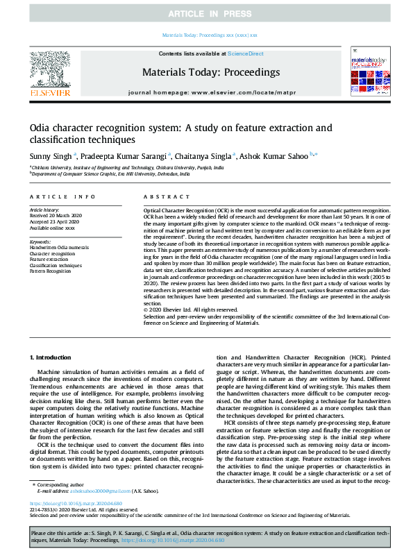 (PDF) Odia character recognition system: A study on feature extraction and classification techniques